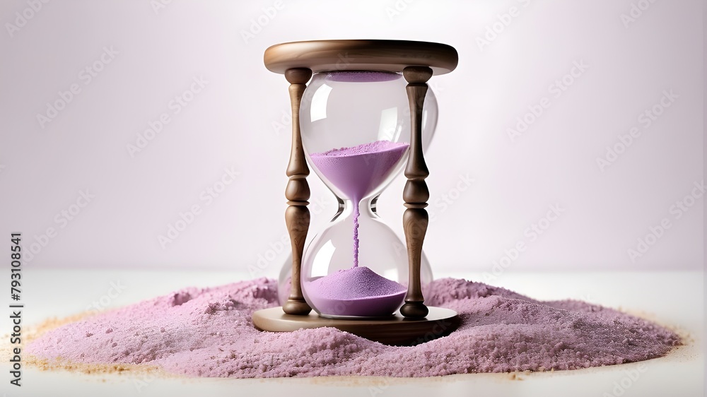 A photorealistic image of an hourglass with light purple sand set ...
