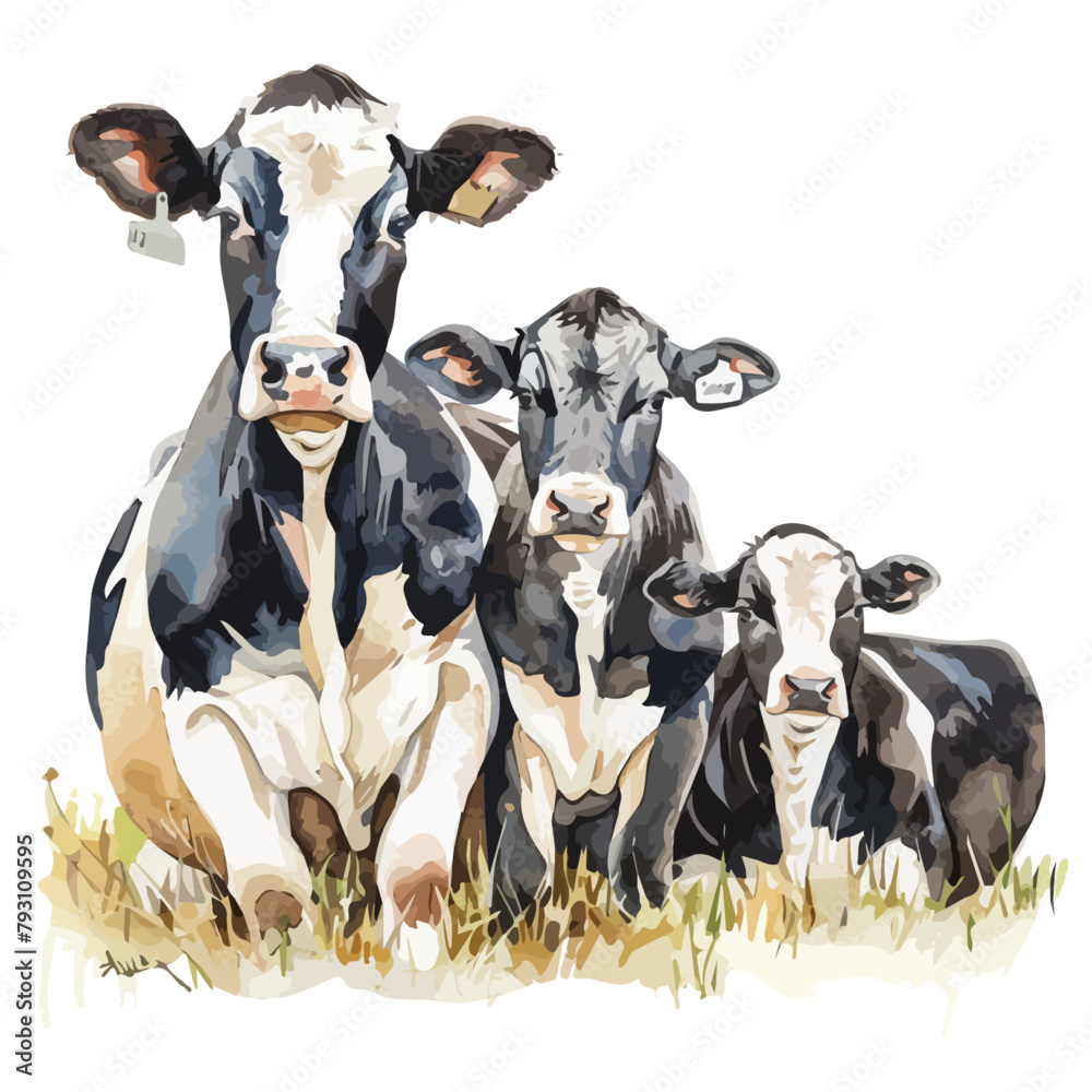 Watercolor Vector painting of cows in farm, isolated on a white ...