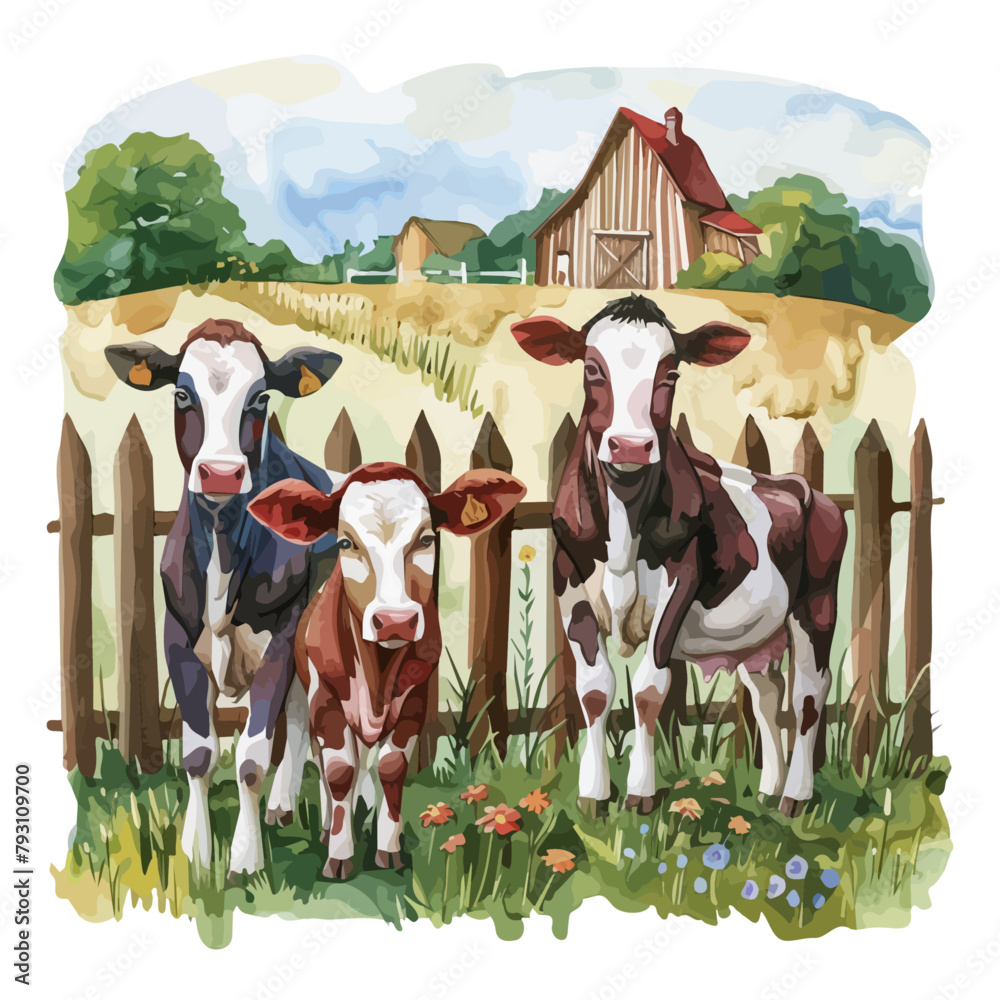 Watercolor painting of cows in farm, isolated on a white background ...