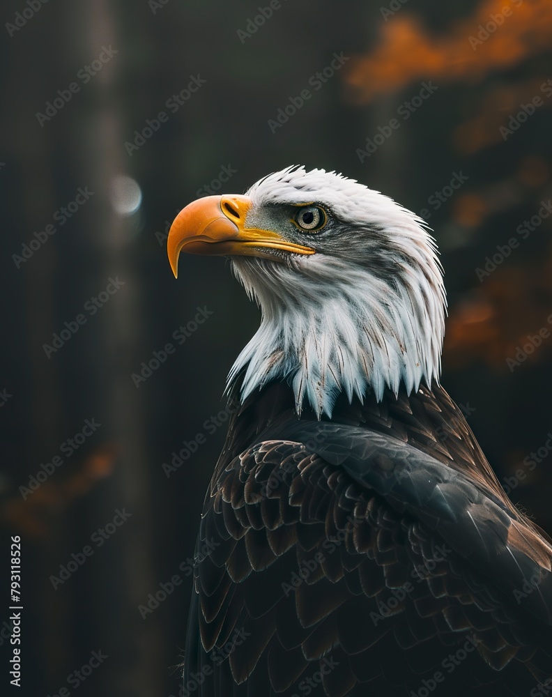 Close-up of a bald eagle in side view revealing the animal's distinct ...