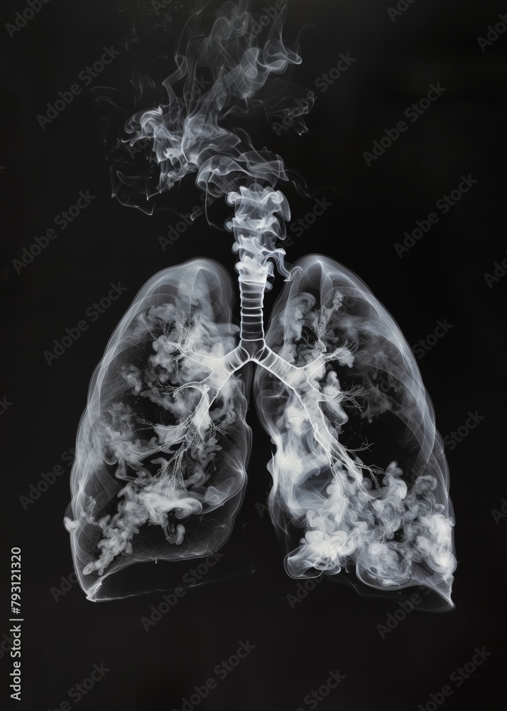 Human lungs and bronchi are surrounded by smoke on a black background ...