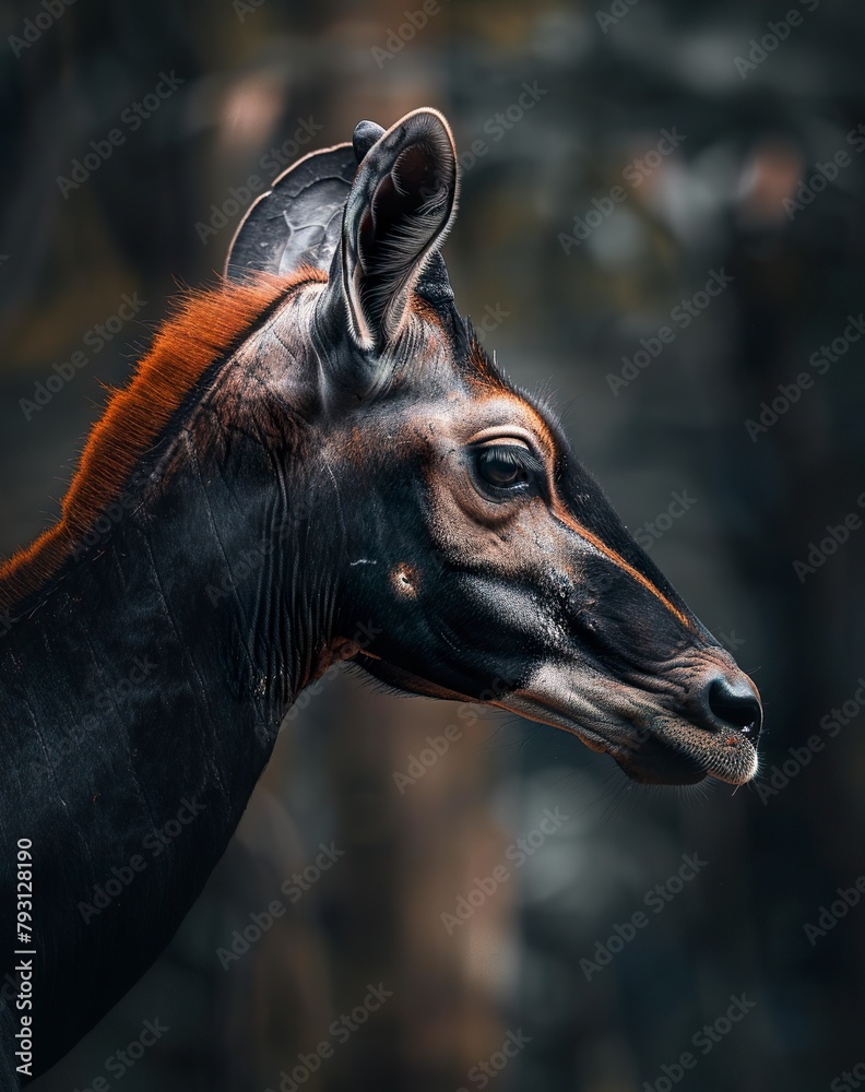 Close-up of an okapi in side view revealing the animal's distinct ...