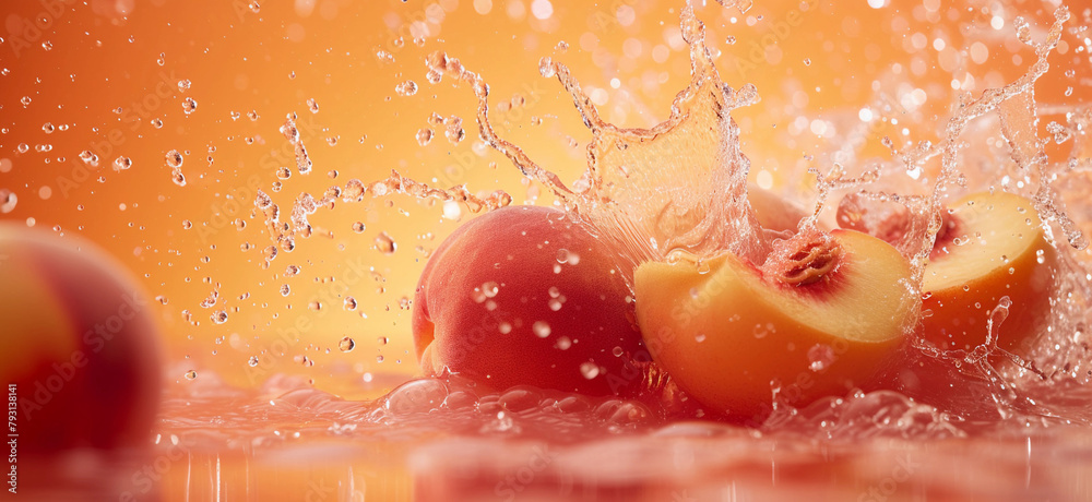 Fresh peach splashing in water with droplets flying around, vibrant ...