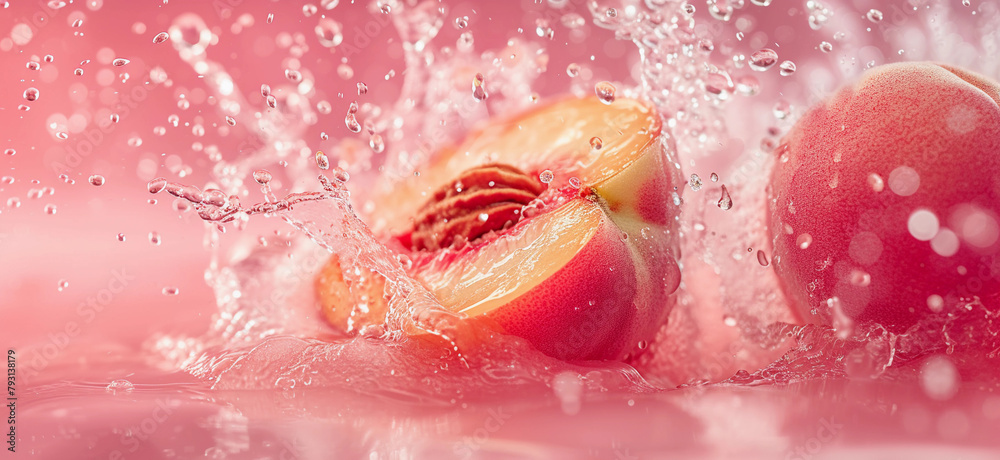 Fresh peach splashing in water with droplets flying around, vibrant ...