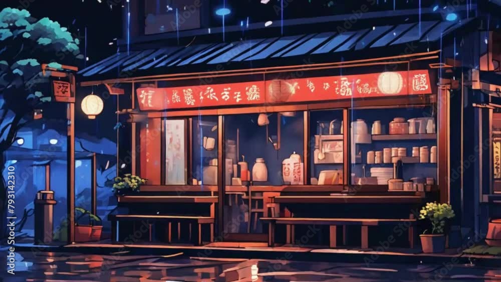 Lofi anime rainy restaurant. Night ramen restaurant animation. Loop ...