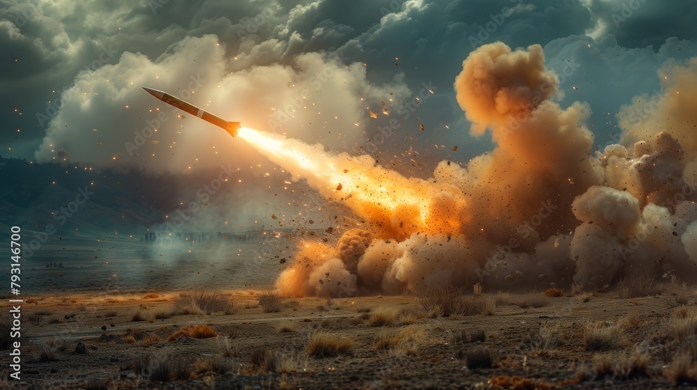 Foto de High-speed missile launch from mobile unit, reflecting the ...