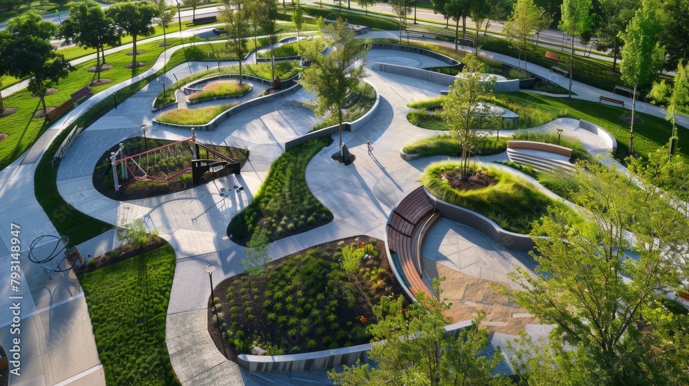 A modern urban park with minimalist landscaping and interactive art ...