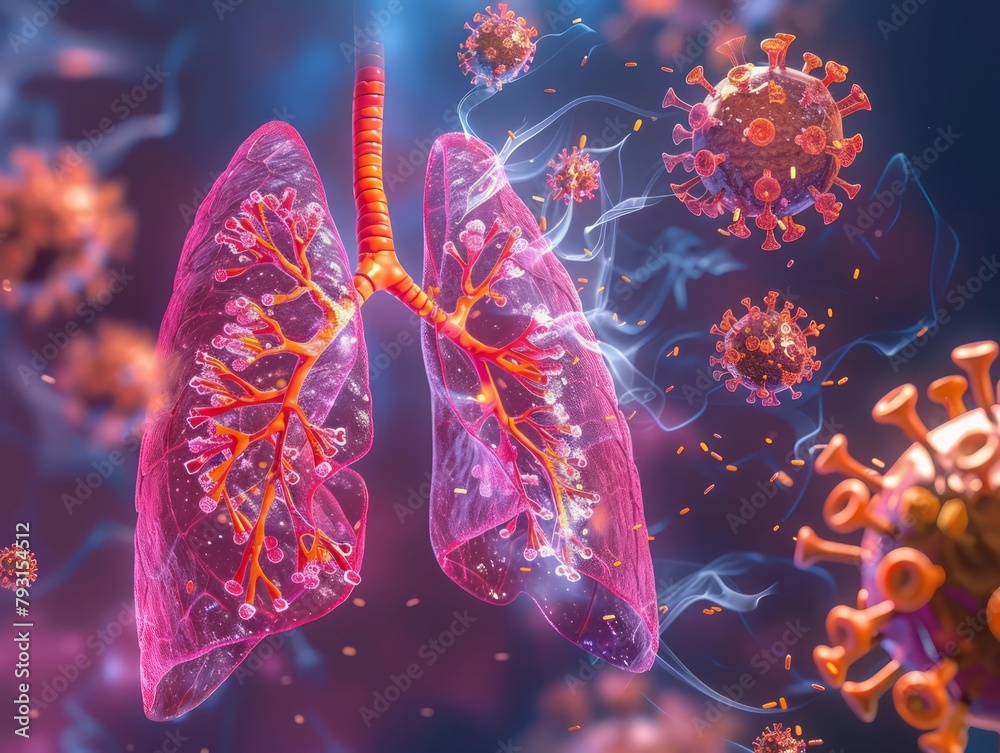Medical illustrations of human lung anatomy detail how viruses and ...