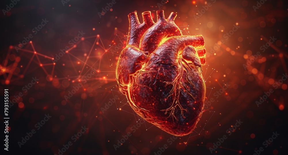 Heart beats amidst a low poly model. Triangle points glow in red on a ...