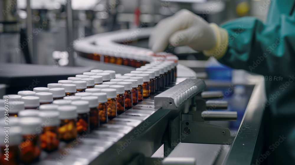 The conveyor belt glides past the worker, who carefully places vials of ...