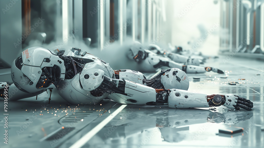 Robot artificial intelligence severely damaged having smoke rises and ...
