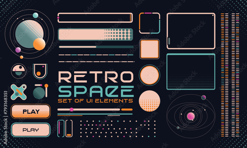 Retro futuristic cosmic illustration set. Game Interfase elements fo ...