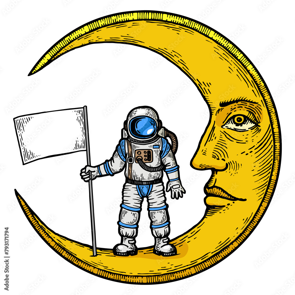 Astronaut spaceman with white flag on cartoon moon with face color ...