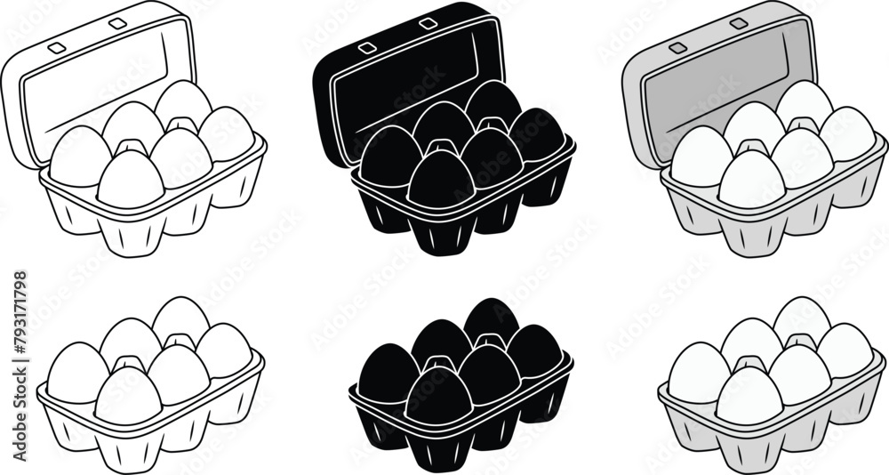 Egg Carton Clipart Set with White Eggs, Half Dozen - Outline ...