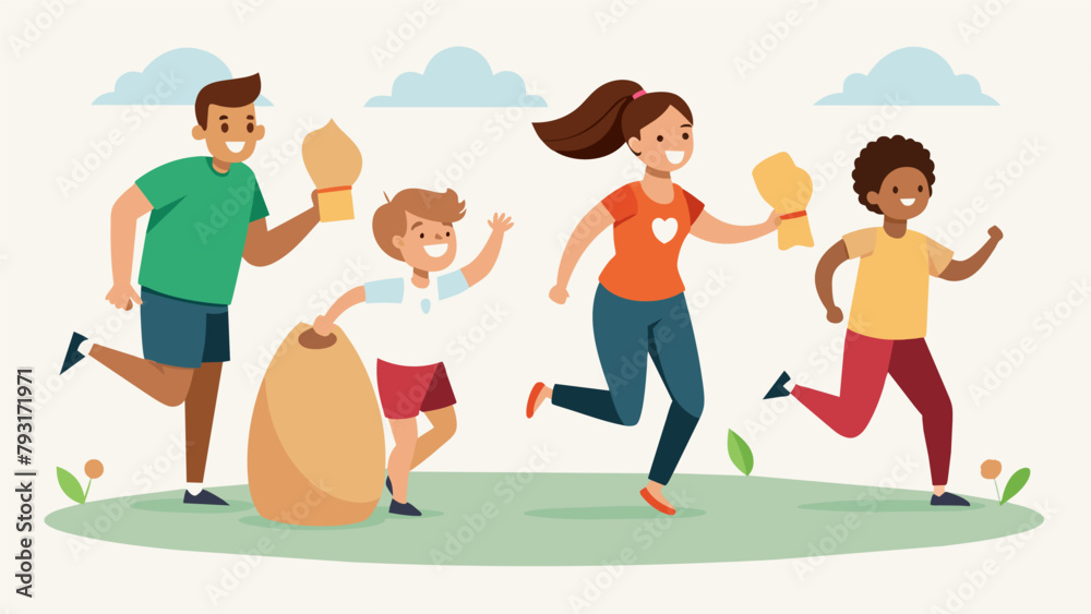 Teams of parents and children compete in a game of potato sack race ...