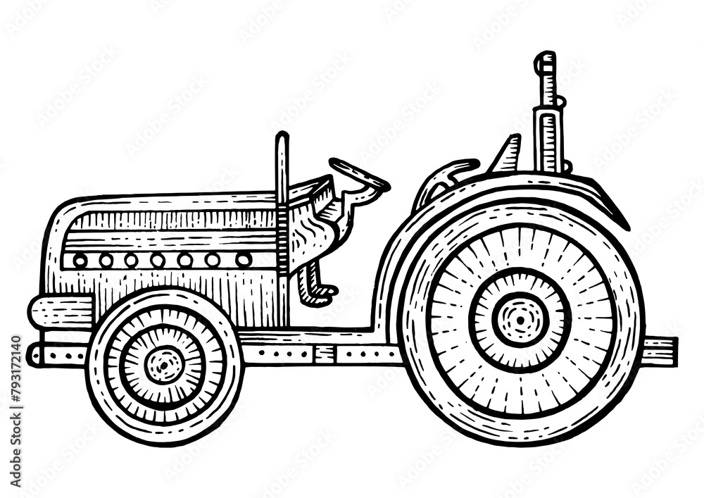 Agricultural tractor sketch engraving PNG illustration. Scratch board ...