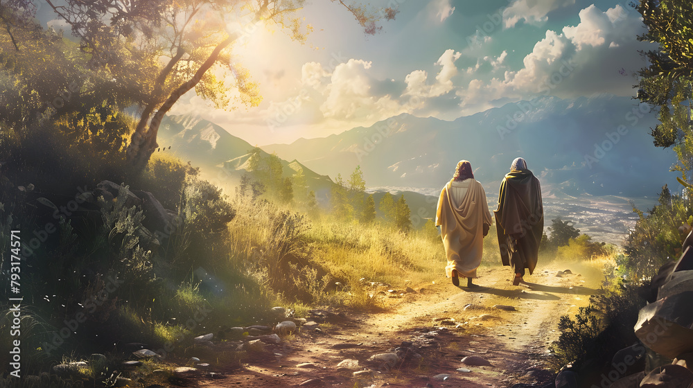 The road to Emmaus scene, with two disciples walking with Jesus ...