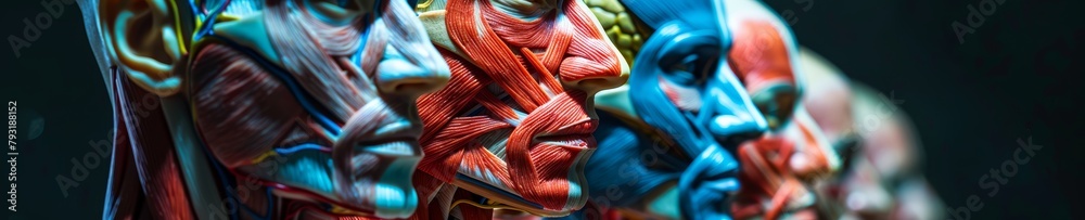 Series of detailed anatomical human head models depicting muscles and ...