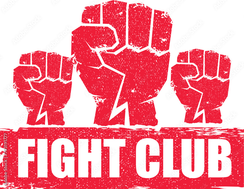 fight club vector red logo or label with grunge red man fist isolated ...