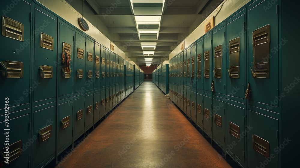 Perfect perspective view down a long aisle of blue lockers in a dimly ...