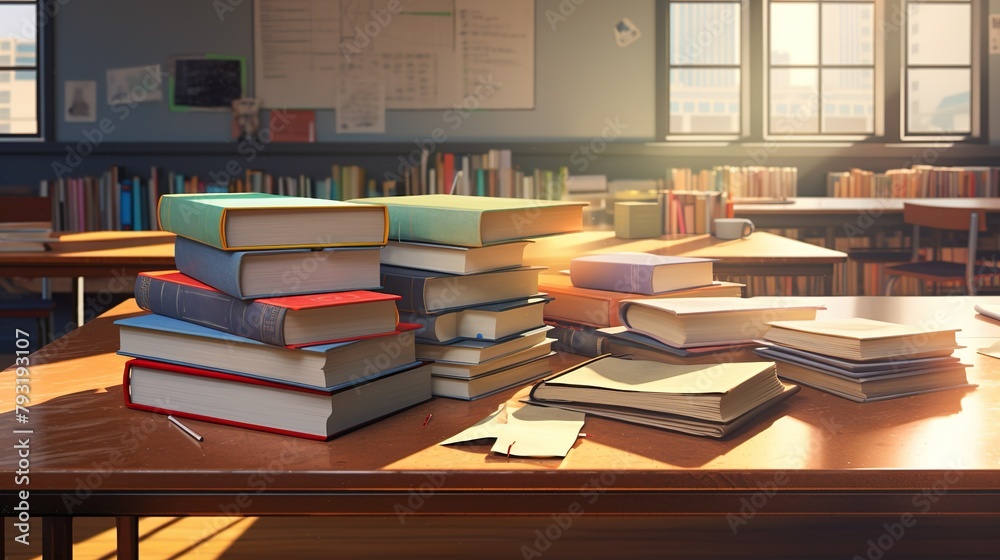 Sunlight casts a warm glow on neatly piled school books and scattered ...