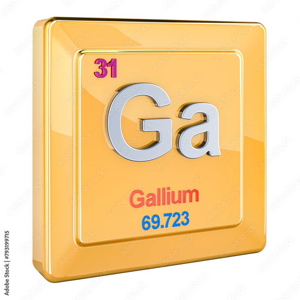 Gallium Ga, chemical element sign with number 31 in periodic table. 3D ...