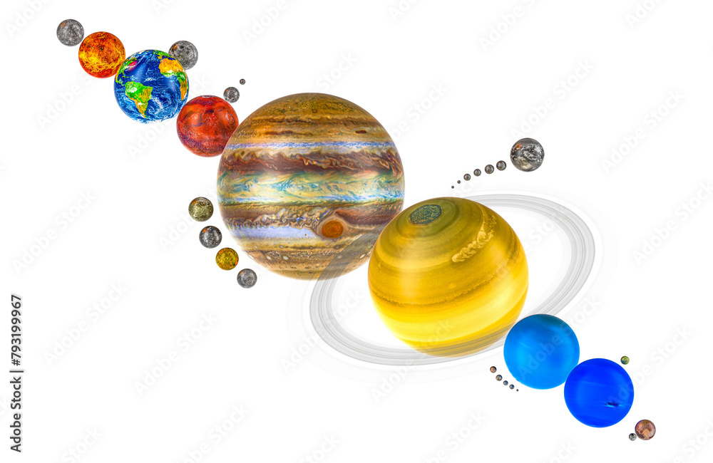 Planets of Solar system with satellites. 3D rendering isolated on ...
