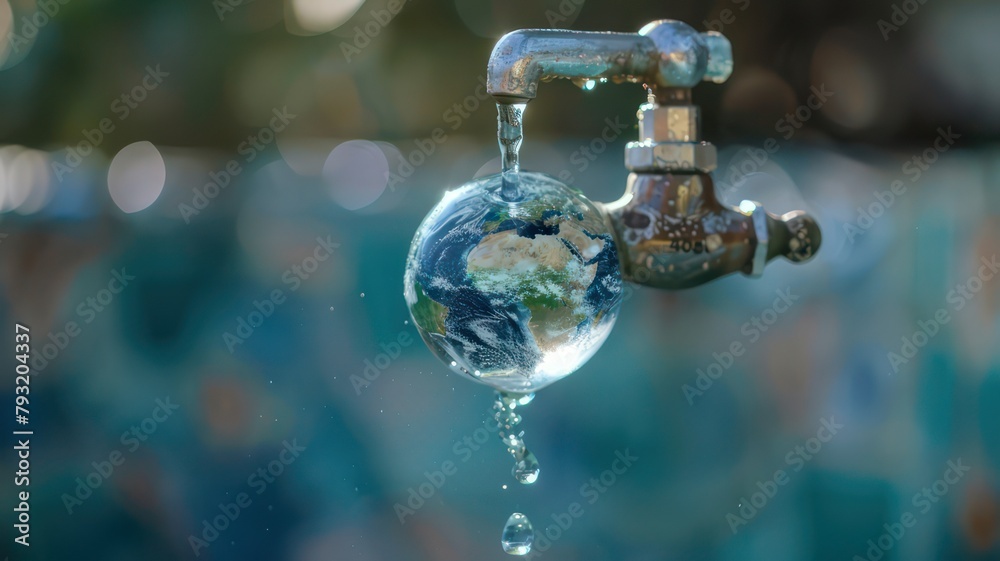 Planet earth coming out of a water tap as huge water drop created with ...