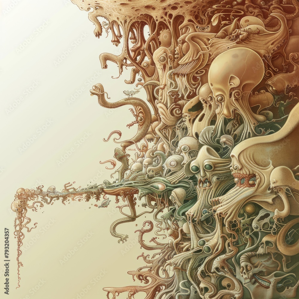 A surreal depiction of the theory of evolution, showing a continuous ...