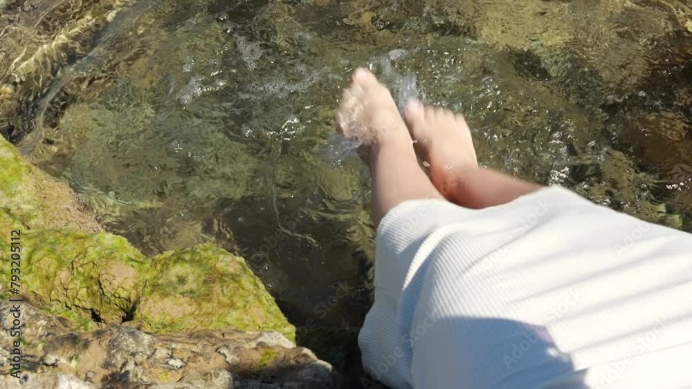 Feet of woman, dip in ocean or sea on vacation, trip or summer holiday ...