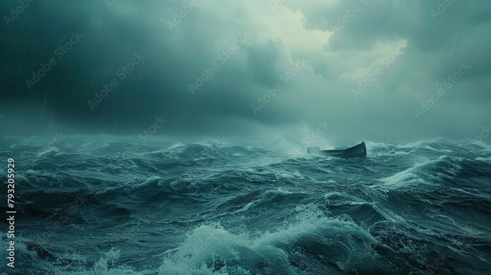 storm clouds gather above a turbulent ocean, where a lone boat battles ...