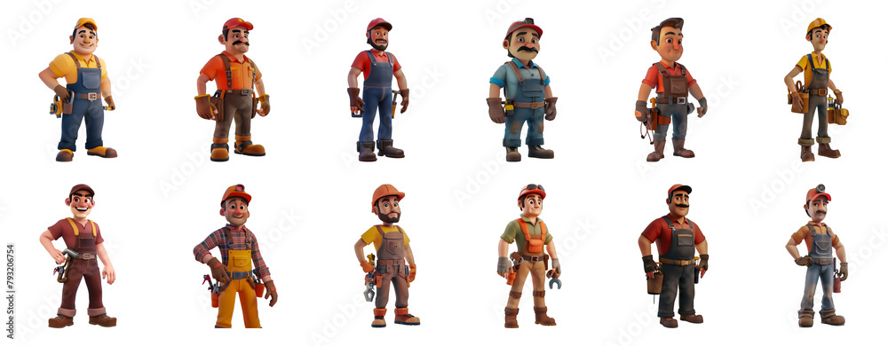 Collection of animated male worker characters in various poses cut out ...