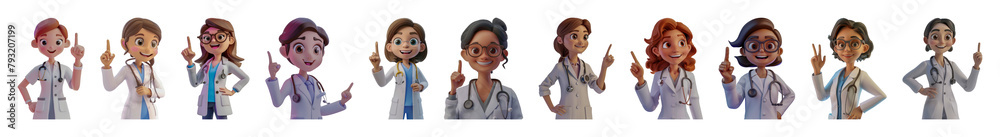 Animated female doctors with stethoscopes pointing upwards cut out png ...