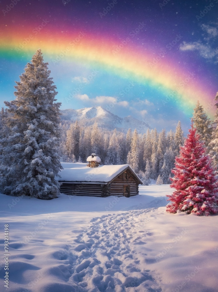 Vivid rainbow arcs gracefully across clear sky, casting array of colors ...