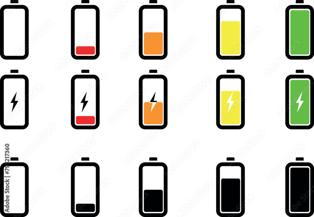 Battery capacity black icon set. Isolated battery charge indicator ...
