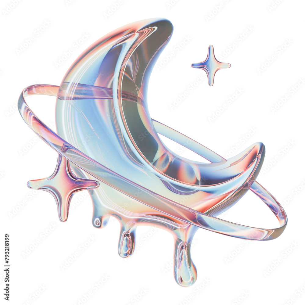 3D glass moon icon, y2k pink holographic crystal glossy lunar shape ...