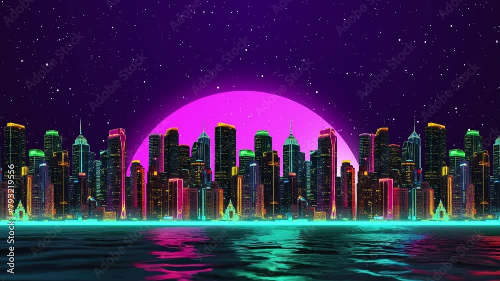 Beautiful Retro City Animation. Colorful Neo Water Wave. Retro Wave ...
