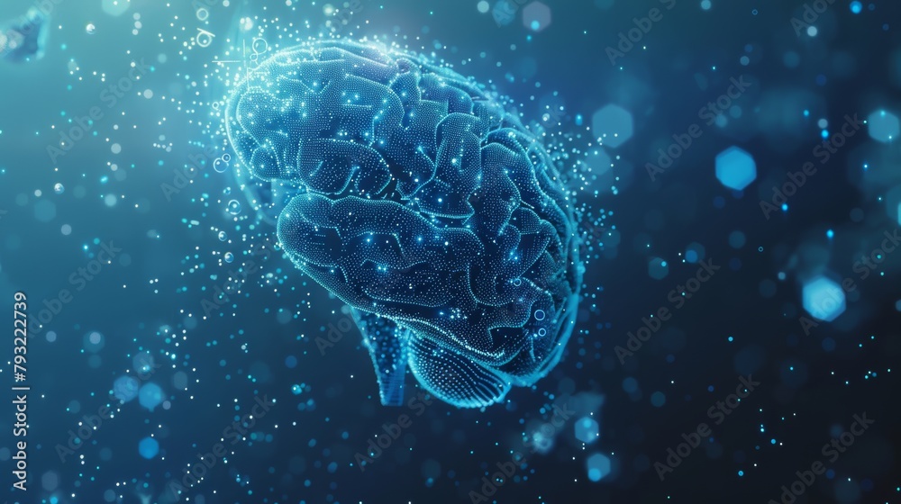 Visualization of a human brain materializing from particles, enveloped ...