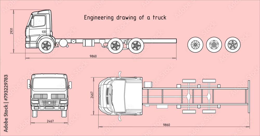 Vector engineering drawing of truck with trailer with dimensional lines ...