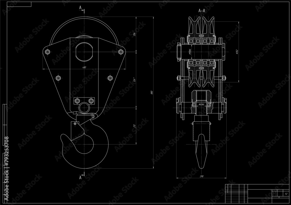 Vector drawing of engineering technical outboard excavator hook. The ...