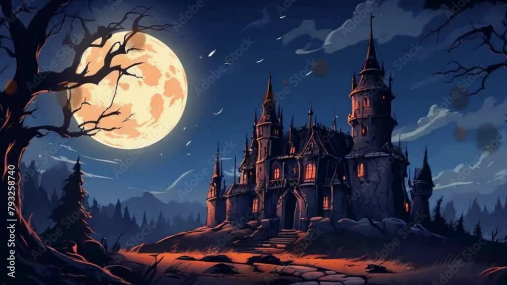 Creepy old castle with full moon in the background. A small fire is ...