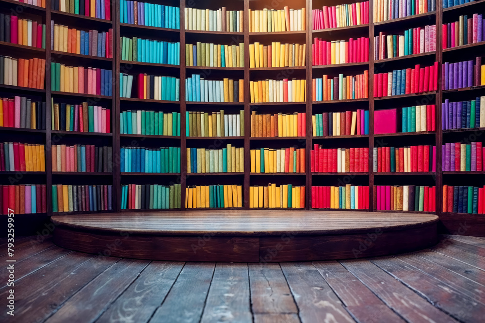 Round Presentation background stage in a library with colorful books ...