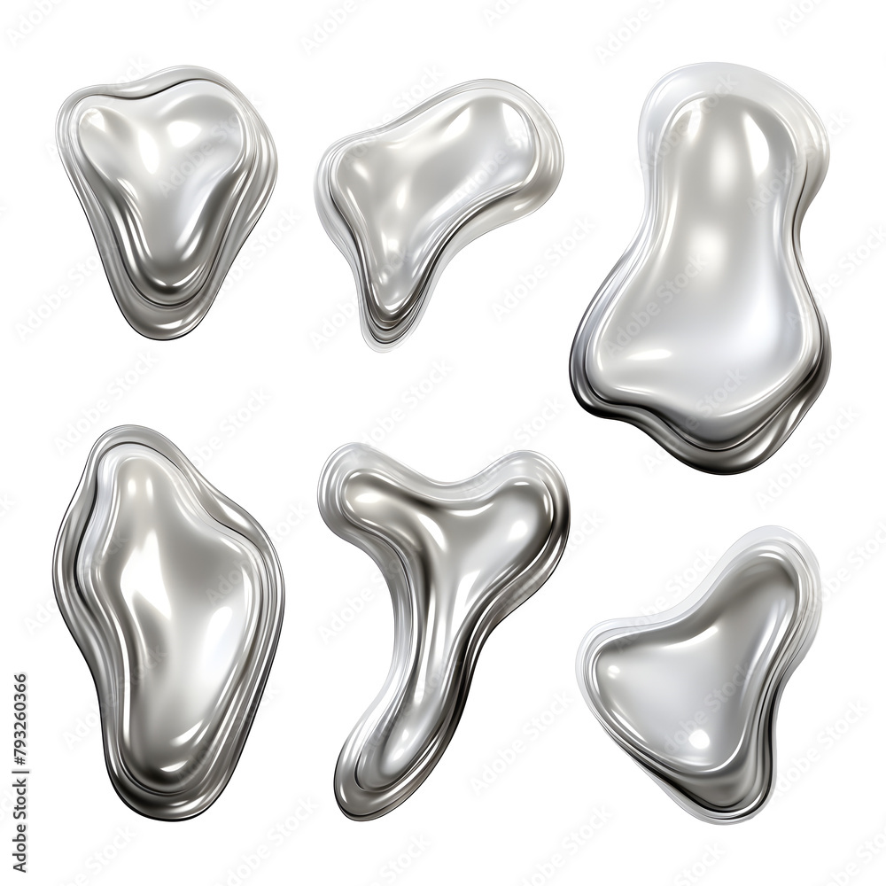 3d chrome y2k metal elements. Chrome silver Y2K melted, mercury shape ...