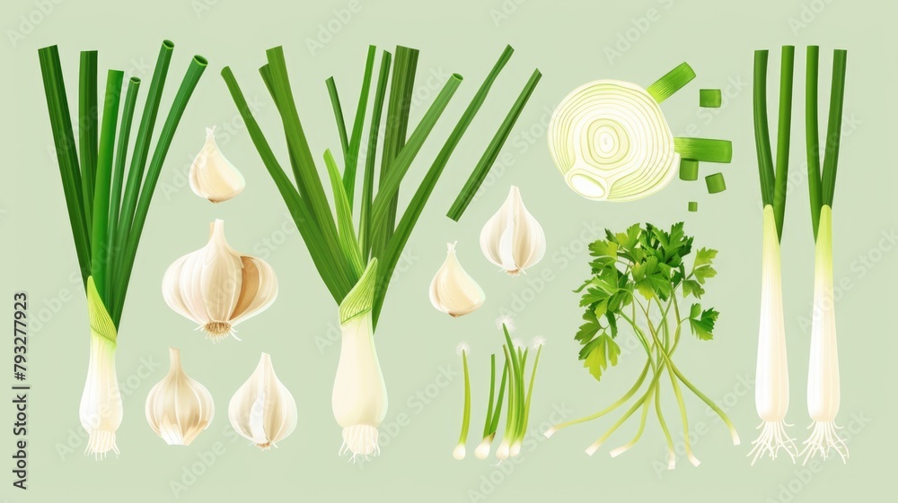 various stages and parts of allium plants, from spring onions to mature ...
