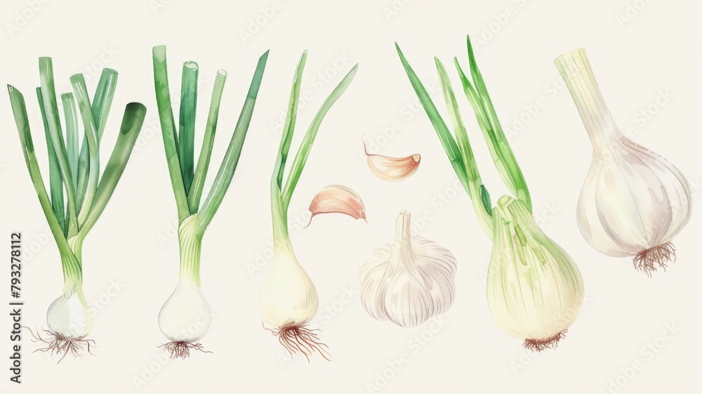 various stages and parts of allium plants, from spring onions to mature ...