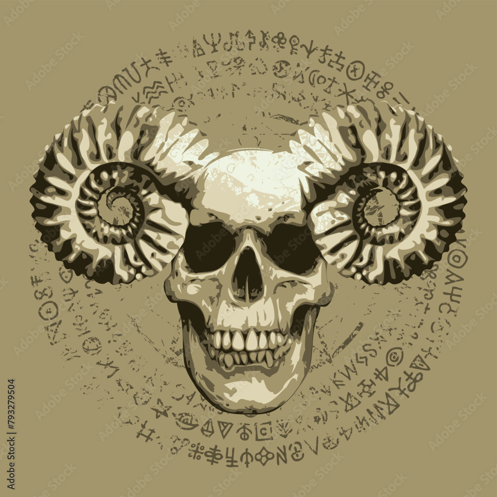 Vector illustration with human skull with horns ram, pentagram, occult ...
