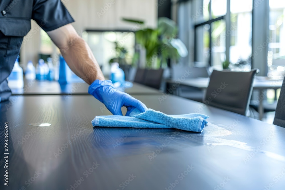 Cleaning staff using disinfectant to wipe tables, maintaining ...
