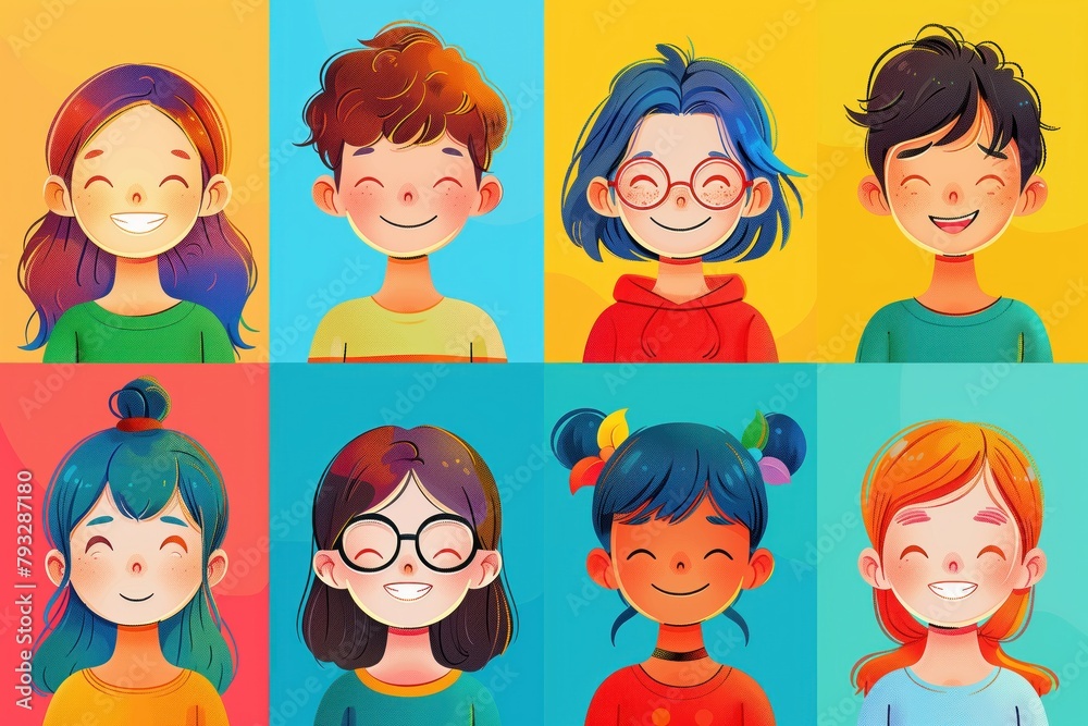 Happiness emotions in boys and girls. Set of positive emotions and ...