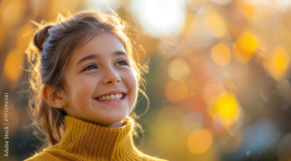 A young female smiling pre-teen child looking back at the viewer. She ...