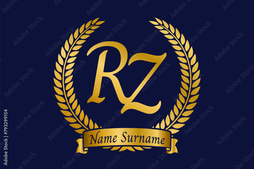 Initial letter R and Z, RZ monogram logo design with laurel wreath ...